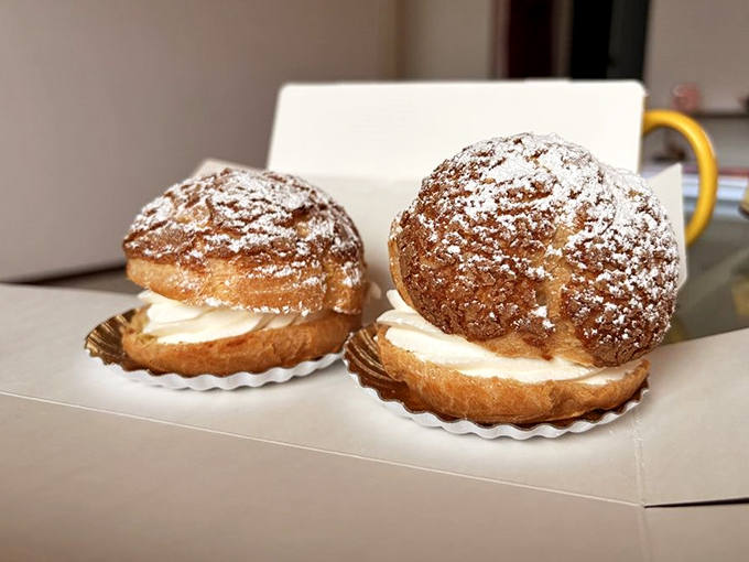 Cream puffs dusted with powdered sugar like little clouds that landed in pastry paradise.