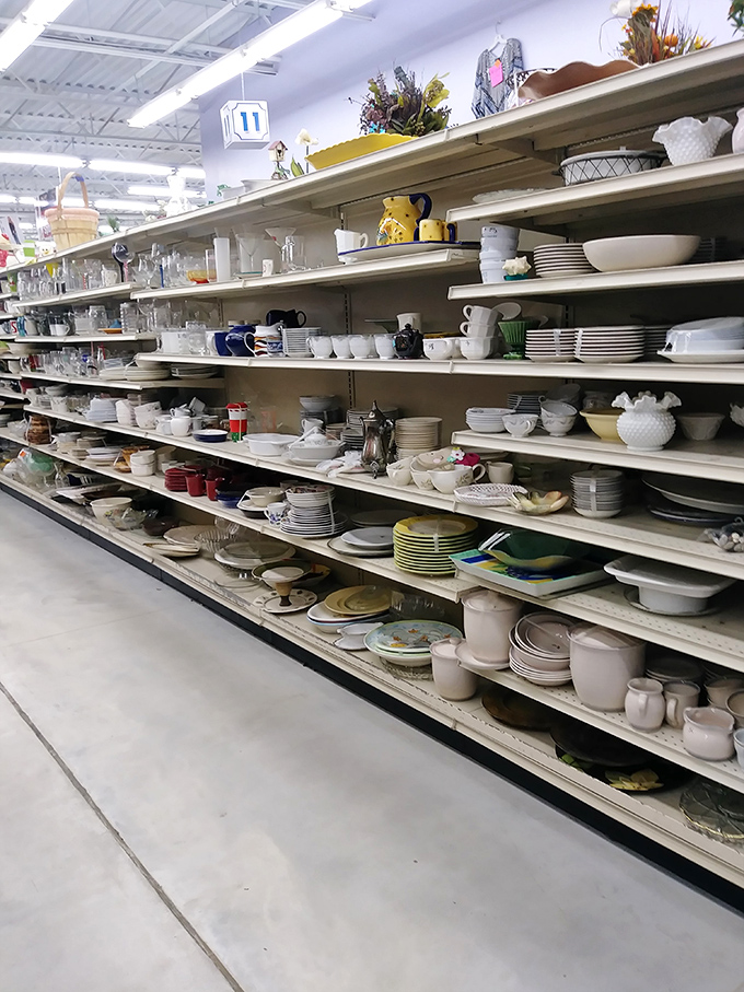 The dishware aisle: where mismatched plates become "eclectic collections" and someone's abandoned Pyrex becomes your kitchen's new crown jewel.