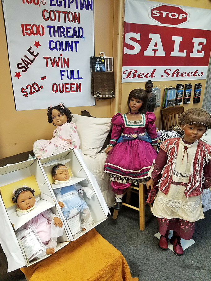 Porcelain faces stare with timeless expressions, these collectible dolls waiting patiently for someone who'll appreciate their vintage charm and slightly unnerving gaze.