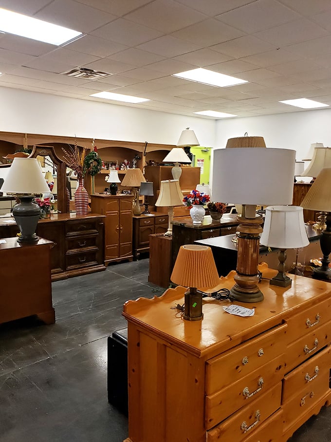 Lamp heaven! Each pine dresser topped with potential illumination. One person's castoff becomes another's reading nook centerpiece.