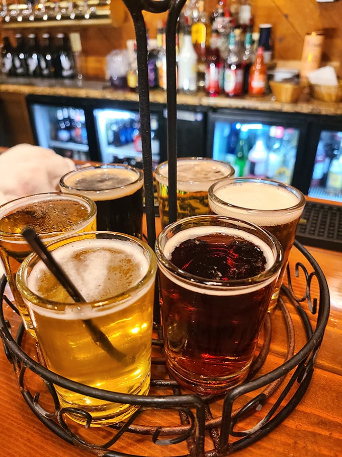 Beer flight or liquid artwork? These amber treasures in their wrought-iron carousel promise a tour of Germany without the jet lag.