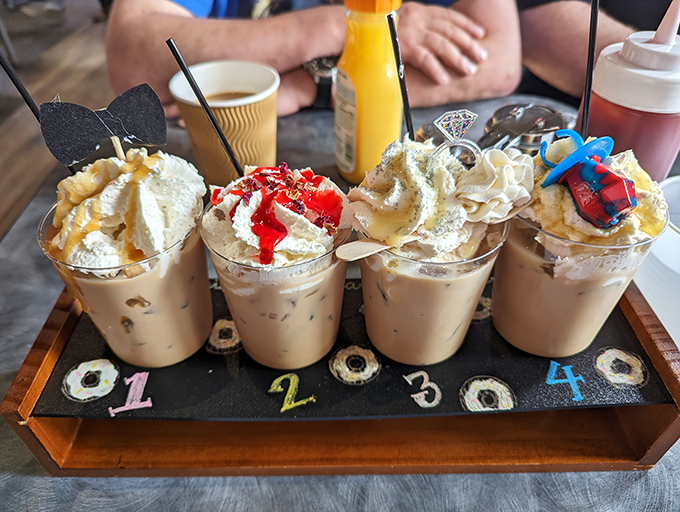 Coffee flight nirvana for the indecisive caffeine lover. Four chances to find your perfect morning companion, all dressed up for the occasion.