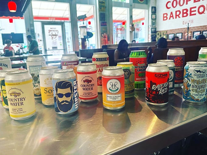 A rainbow coalition of local brews standing at attention. In barbecue diplomacy, these aluminum ambassadors help broker peace between sweet and heat.