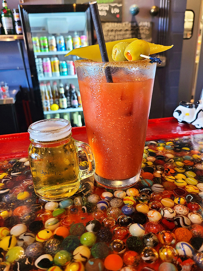 That colorful counter isn't just functional&mdash;it's a work of art embedded with marbles, making waiting for your Bloody Mary an experience itself.