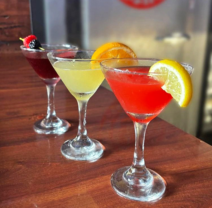 Cocktails lined up like colorful soldiers ready for duty. These aren't fancy mixologist creations&mdash;they're reliable friends after a long day.