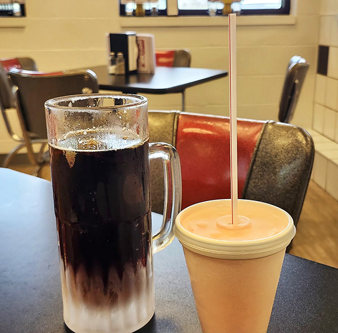 Root beer in a frosted mug alongside a shake&mdash;the coldest relationship that'll warm your heart. One sip and you're eight years old again.