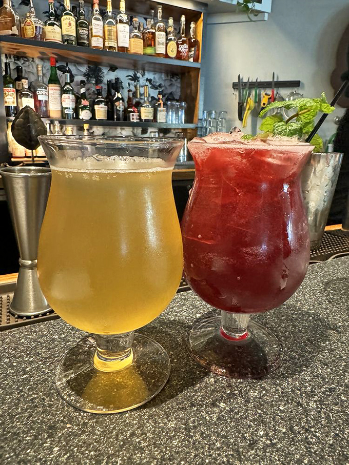 Cocktails that understand their assignment: one refreshingly golden, one boldly crimson, both promising to make your dinner stories more interesting.