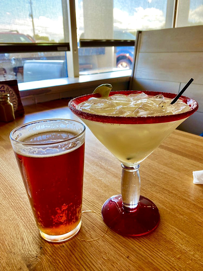 A perfect pairing: amber beer for courage, margarita for celebration. Together, they're the dynamic duo of any proper seafood adventure.