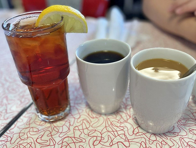 The holy trinity of diner beverages: iced tea, coffee, and cream. The foundation of civilization, one refill at a time.