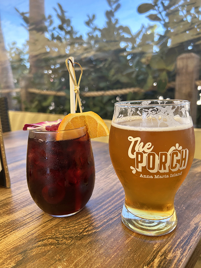 Decisions, decisions: a craft beer with The Porch's logo or that sangria with fruit that counts as a vitamin serving? Why not both? You're on island time now.