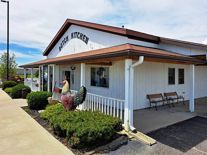 The Dutch Kitchen's cheerful exterior and welcoming porch promise comfort food that grandma would approve of&mdash;complete with a rooster guardian.