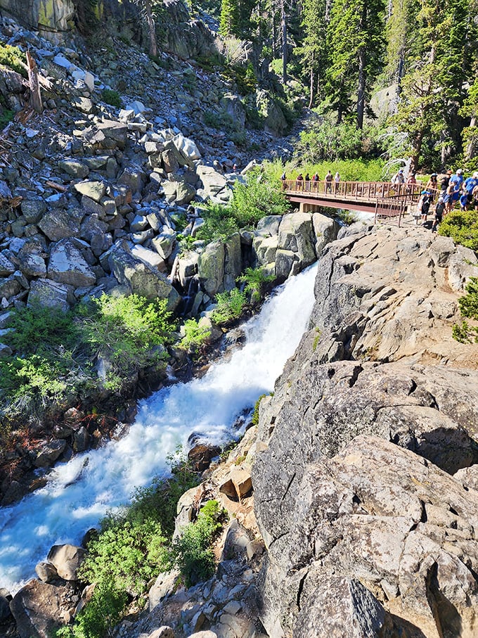 Eagle Falls thunders down granite cliffs, nature's own sound system providing the perfect soundtrack to your wilderness adventure.