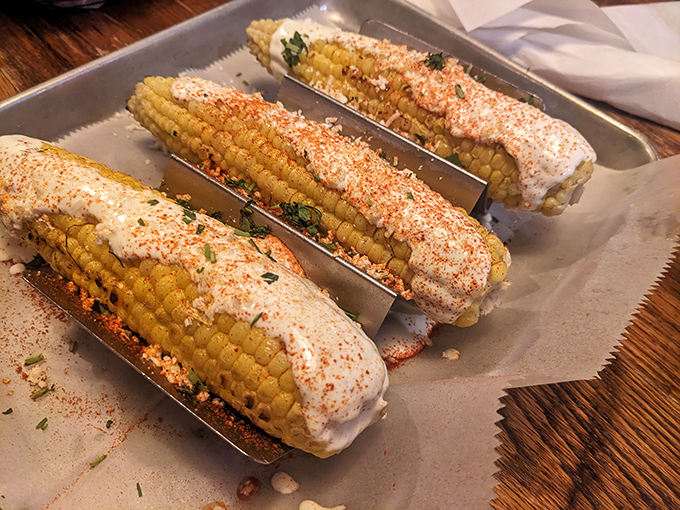 Street corn elevated to art form&mdash;slathered with creamy sauce and dusted with spices that would make both Texas and Tennessee proud.