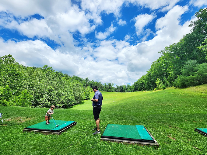 Impromptu golf with the kids on this hillside course costs less than a single round of drinks in Philadelphia. The views? Completely free.