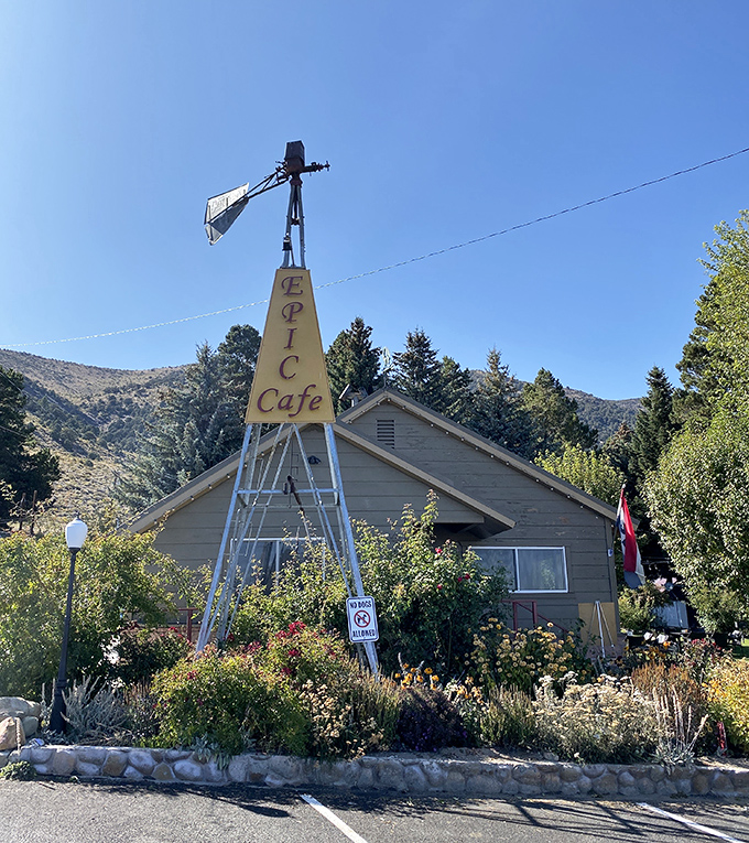 The Epic Cafe announces itself with vintage windmill charm. In Lee Vining, even your morning coffee comes with a side of quirky character.