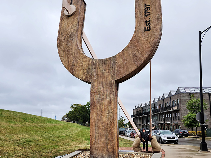 Weather-worn wood displays "Est. 1797" markings, a playful historical nod that adds character to this thoroughly modern installation.