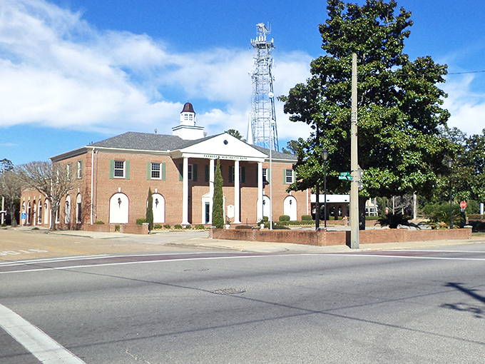 Banking on beauty. This stately brick building with its columned entrance reminds us when financial institutions were built to impress, not just house ATMs.