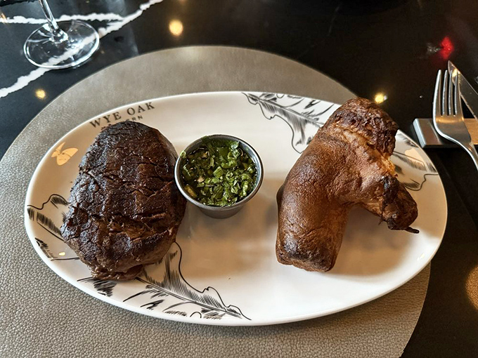 Twin filet mignons with herb sauce demonstrate that sometimes good things really do come in pairs.