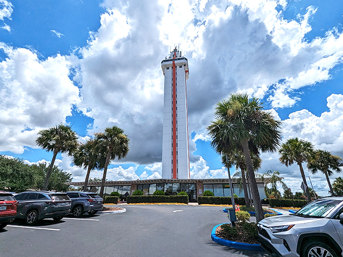The Citrus Tower stands tall against Florida's impossibly blue sky, a retro landmark from when tourists came to see actual oranges instead of a mouse.