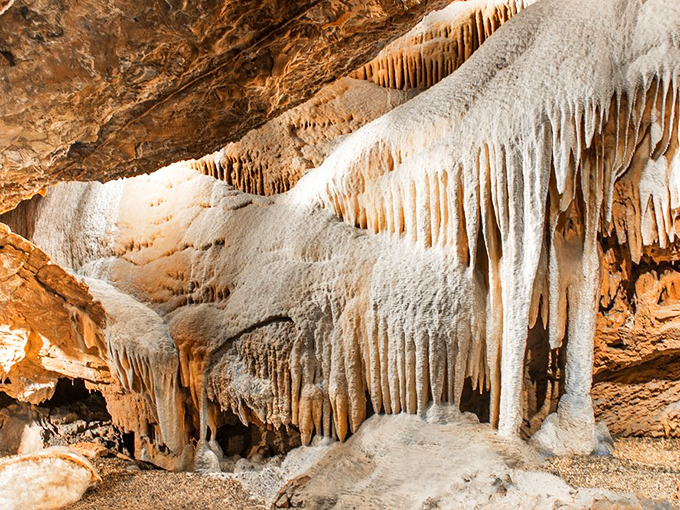 Like frozen waterfalls caught mid-cascade, these flowing stone formations remind us that even rock can move&mdash;just on a timeline we humans rarely witness.