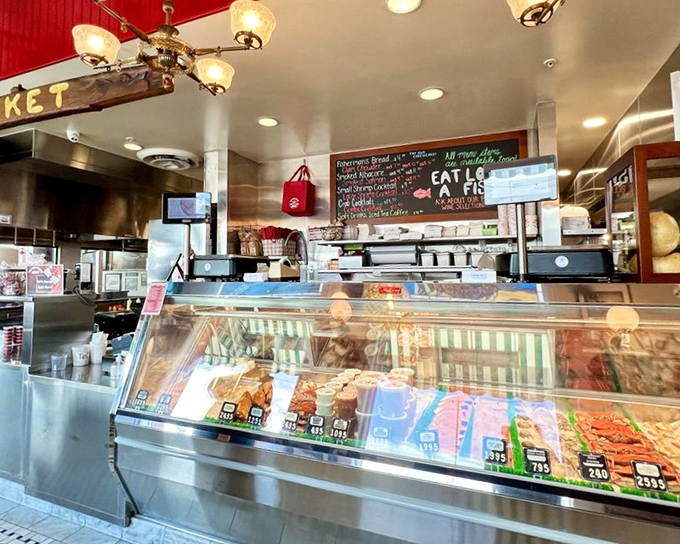 Behind glass lies treasure more valuable than gold: fresh-caught seafood waiting to become the highlight of someone's California day.
