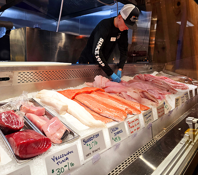 The fish market case displays today's catch like a jewelry store showcases diamonds, only these treasures taste better.