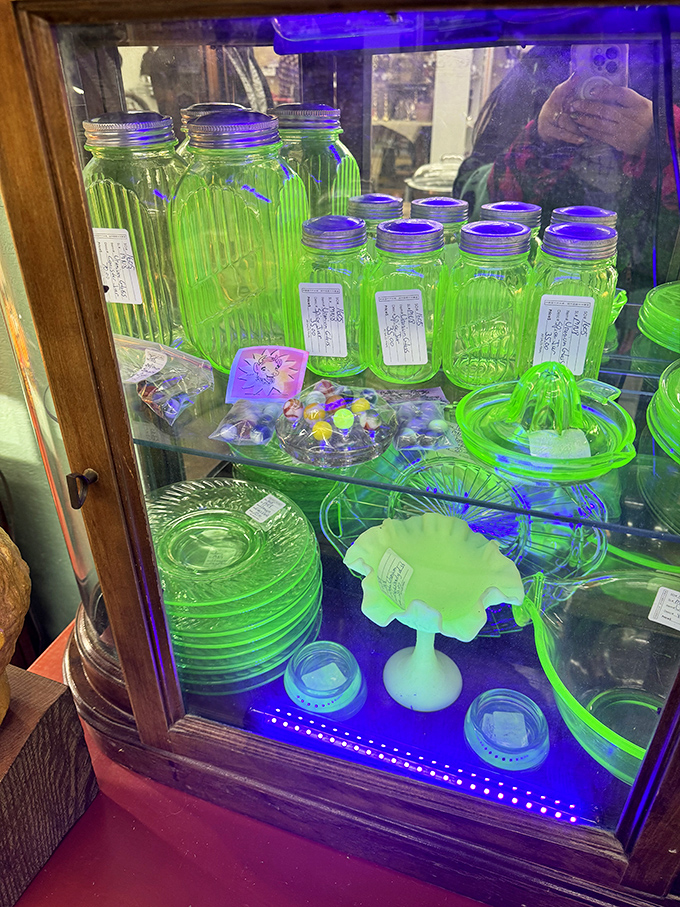 Uranium glass glows with otherworldly charm under UV light. Perfectly safe for display, though I wouldn't recommend serving punch in it.