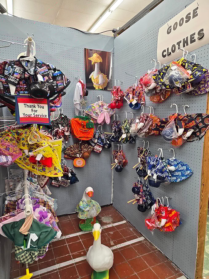 The "Goose Clothes" corner might be the quirkiest spot in the mall—where else can you dress your lawn ornaments in team colors?