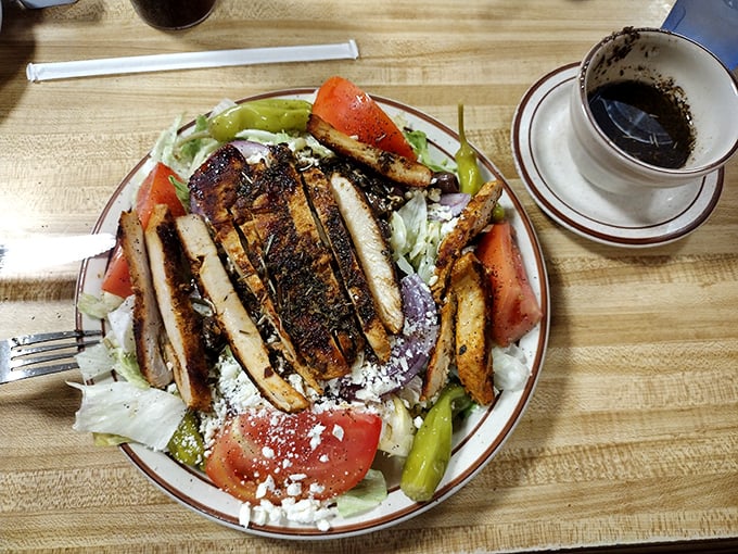 A Greek salad that doesn't skimp on the good stuff. Those grilled chicken strips are the VIPs at this crisp, fresh party.
