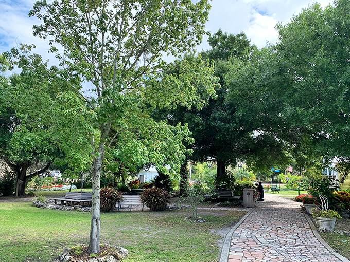 Pathways through History Park invite leisurely strolls where every bench seems to whisper, "Sit a while, what's your hurry? The early bird special doesn't start for hours."