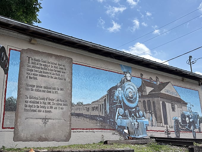 A colorful mural tells the story of Florida's railroad heritage, preserving history one brushstroke at a time for curious travelers.