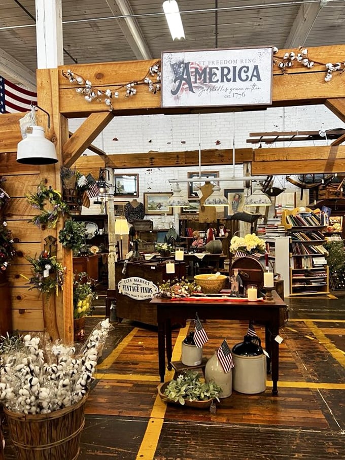 Americana meets farmhouse in this patriotic display. Cotton stems and vintage flags create the perfect vignette for those who pledge allegiance to rustic chic.