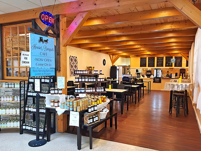 Warm wood, golden light, and jars of goodness lining the shelves. This caf&eacute; embodies the Shipshewana philosophy: simple ingredients transformed with time-honored care.