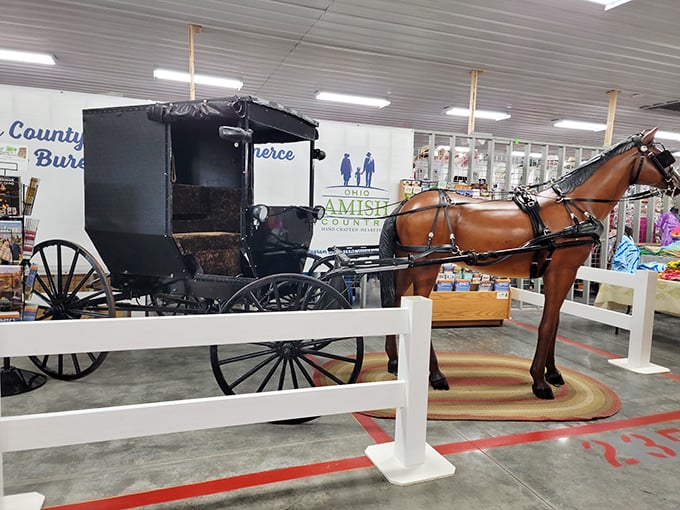Not just a display&mdash;a glimpse into Amish transportation heritage. This buggy doesn't need gas, just appreciation for craftsmanship.