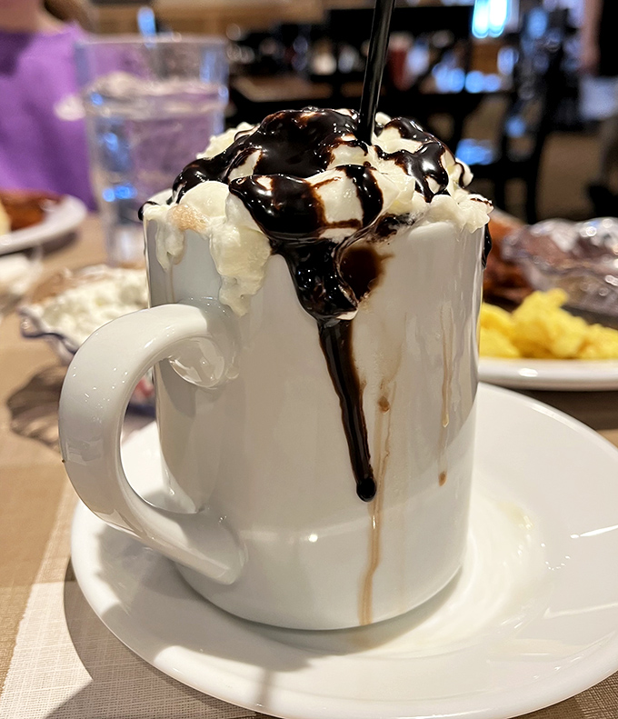 Hot chocolate that's dressed better than most people at formal events. The whipped cream and chocolate drizzle aren't garnishes&mdash;they're essential characters in this mug's delicious story.