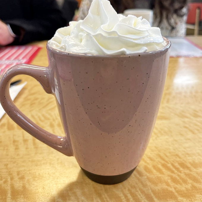 Hot chocolate topped with a cloud of whipped cream&mdash;not just a beverage, but a warm hug in a speckled mug. Comfort in liquid form.