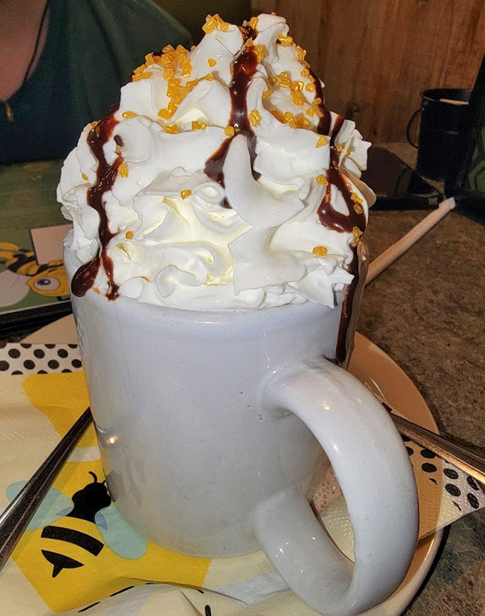 Not just hot chocolate—it's a mountain of whipped cream with chocolate rivers cascading down its snowy peaks. Winter in a mug.