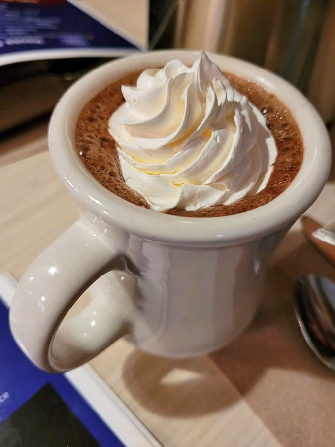 Hot chocolate that doesn't just warm your hands but hugs your soul &ndash; that whipped cream mountain isn't just decoration, it's necessary architecture.