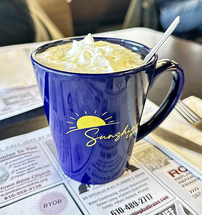 Hot chocolate that demands to be photographed first. That blue Sunshine mug with whipped cream mountain peak is warming souls one sip at a time.