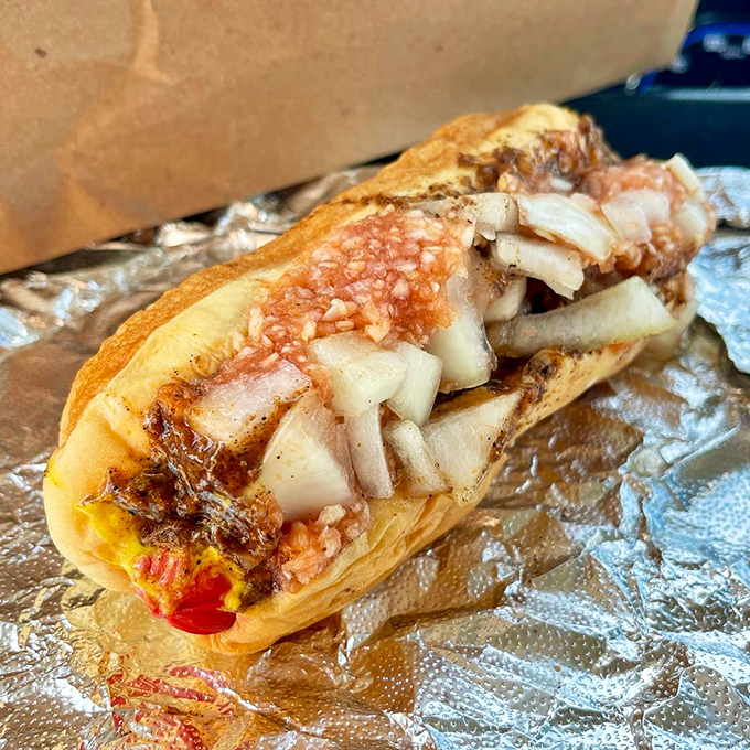 This isn't just a hot dog—it's a carefully constructed flavor delivery system with toppings that transform the humble frankfurter into something magical.