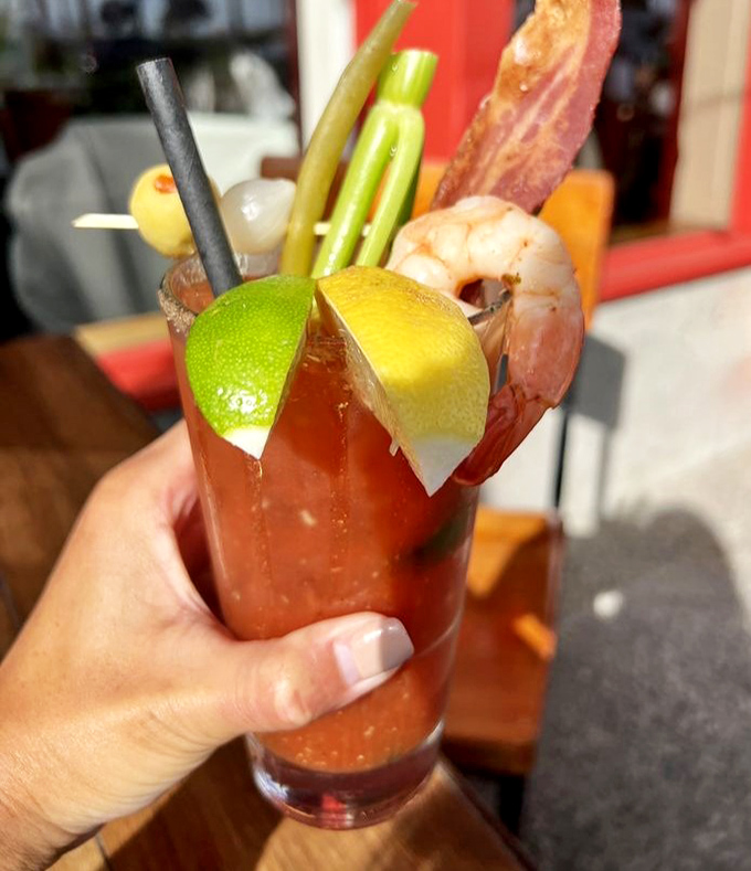 Not your average Bloody Mary – this meal-in-a-glass comes armed with shrimp, bacon, and enough garnishes to count as an appetizer.