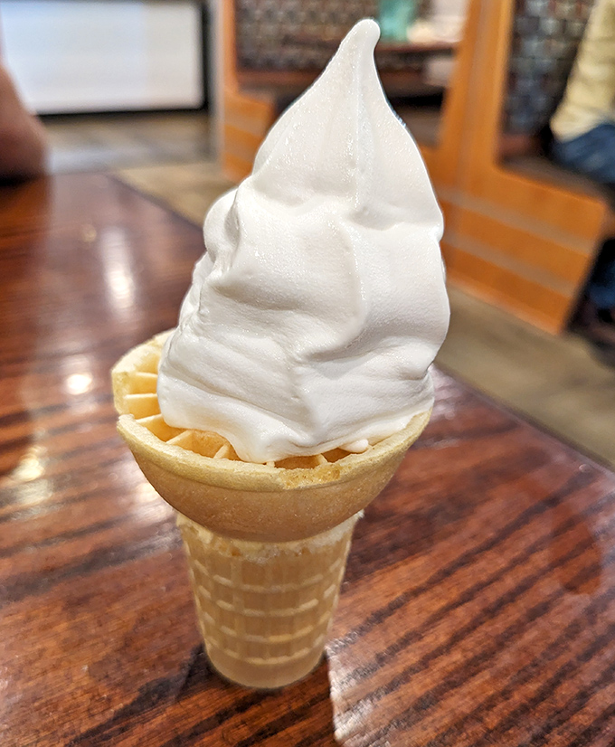 The soft-serve ice cream cone&mdash;nature's perfect delivery system for dairy happiness, standing tall and proud in its waffle throne.