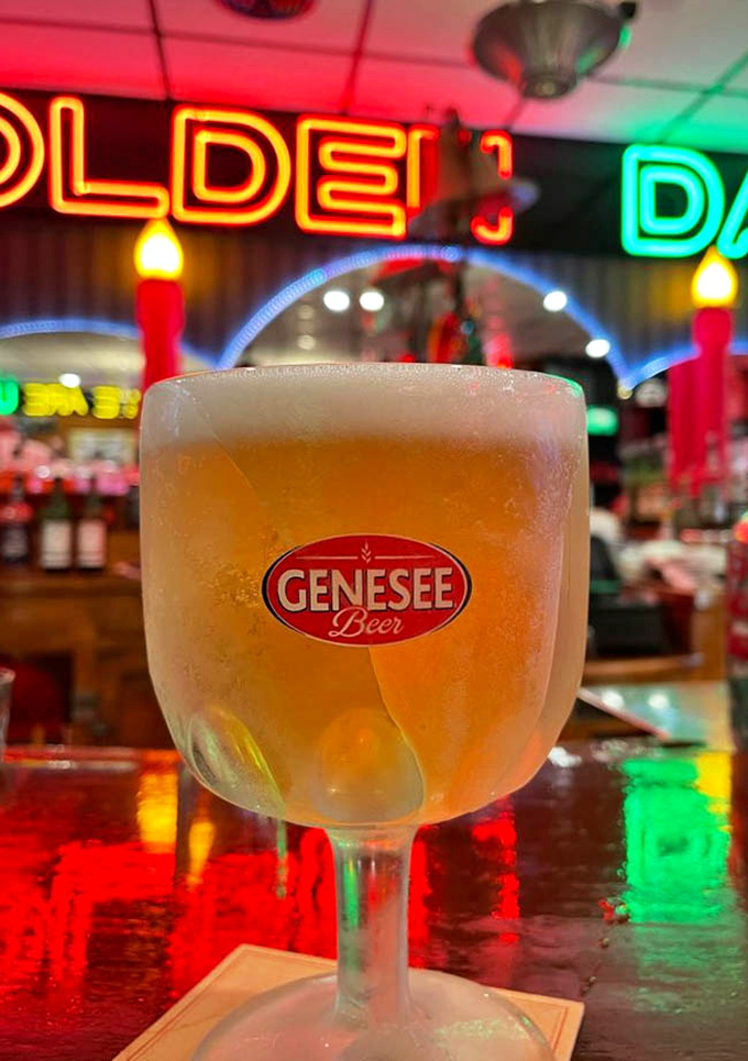 A frosty goblet of Genesee&mdash;the beer equivalent of a firm handshake from an old friend. The neon backdrop sets the perfect mood.