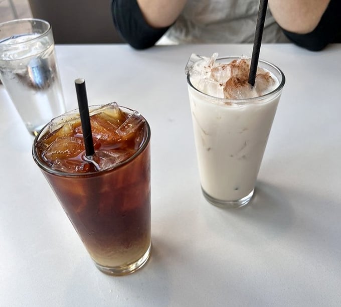 Coffee chemistry: One glass of nostalgia-inducing iced brew alongside a horchata that's basically dessert masquerading as morning fuel.