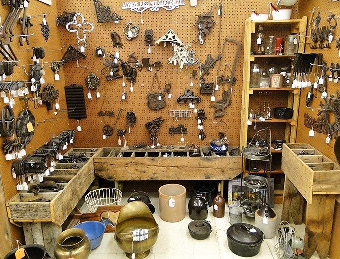 A wall of iron hooks and vintage cookware that would make your great-grandmother nod in approval and your hipster nephew swoon.