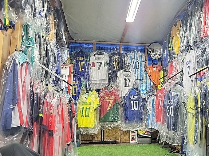 Soccer jersey nirvana where fans can rep their teams from around the world. Ronaldo, Messi, and Pulisic jerseys all hanging out together peacefully.