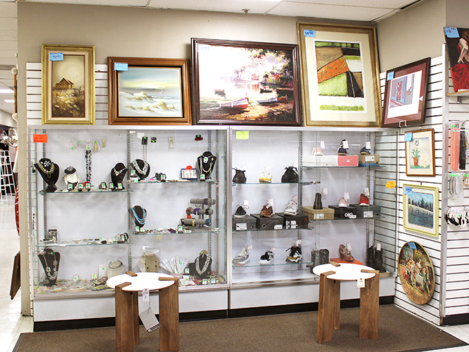 Behind glass cases, yesterday's accessories await their second act. That turquoise necklace is practically begging to go home with you.