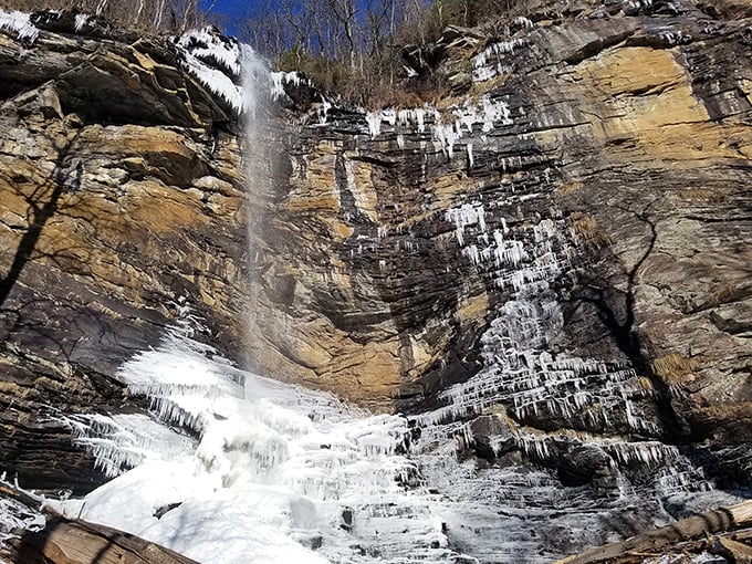 Winter transforms Rainbow Falls into a magnificent ice sculpture. Jack Frost's masterpiece makes summer hikers do a double-take at Mother Nature's seasonal wardrobe change.