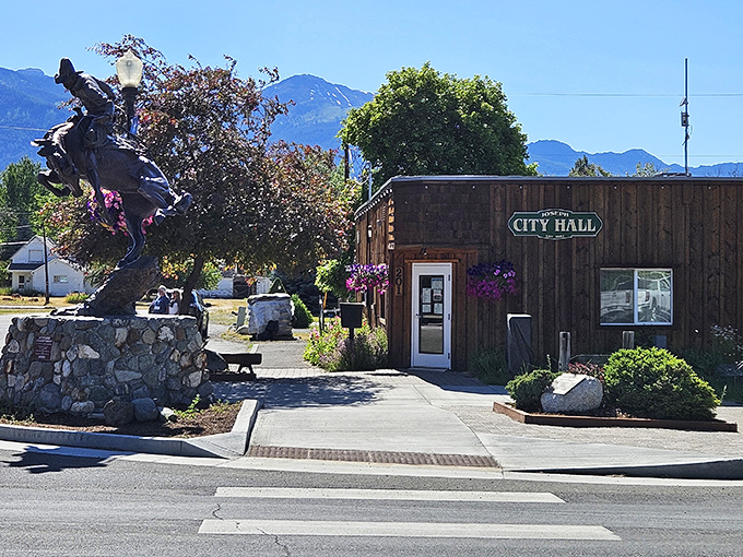 City Hall that looks like it belongs in a Western&mdash;complete with bronze rider. Small town governance with big personality.