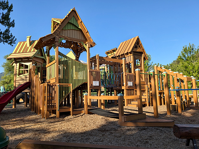 This elaborate playground proves Joseph takes "family-friendly" seriously – where kids burn energy while parents enjoy mountain views from strategically placed benches.